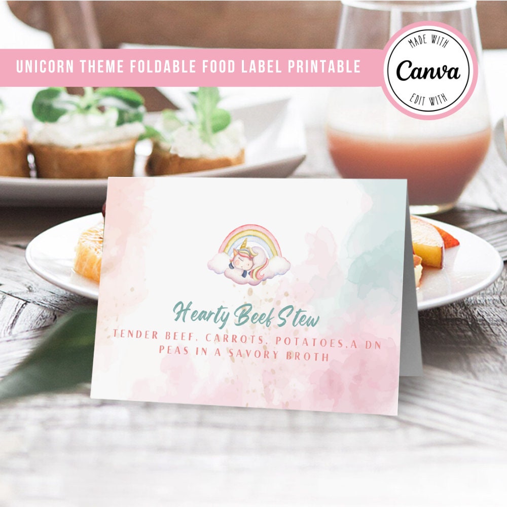 Unicorn Theme Food Label Card Digital Printable | Buffet Card Template ...