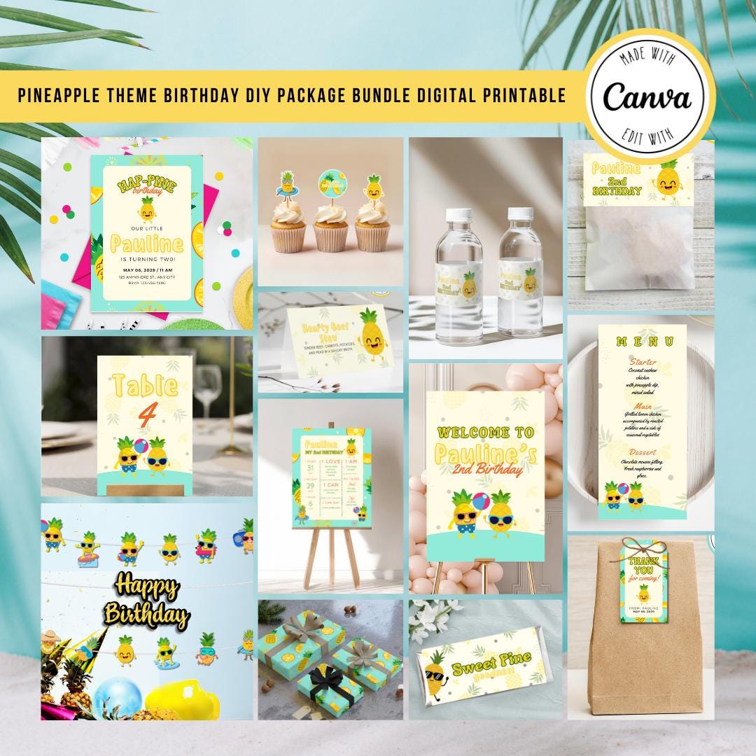 Pineapple Birthday Party Bundle: Tropical Theme, Customizable (canva ...