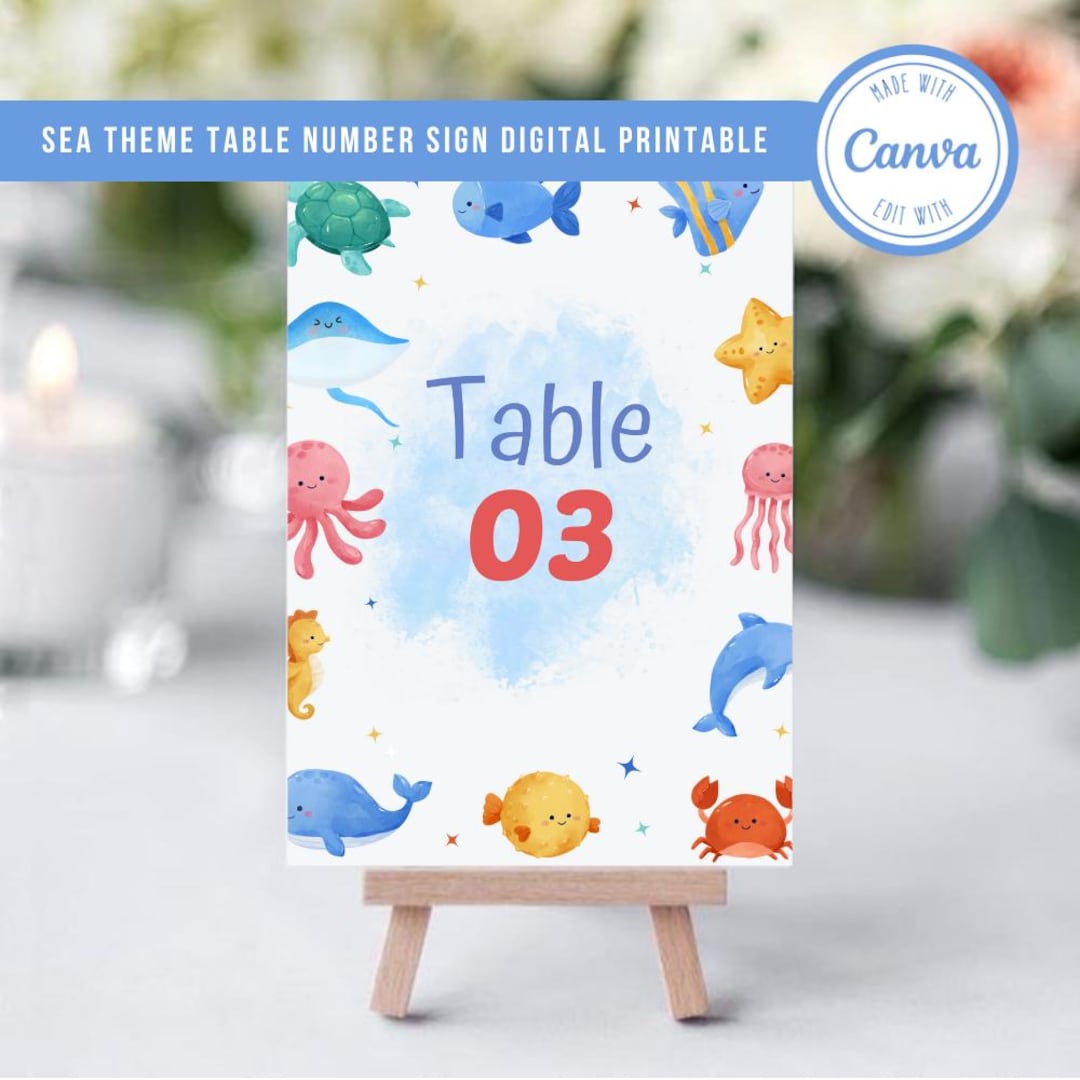 Sea Theme Editable Table Number Sign, Modern Birthday Table Card ...
