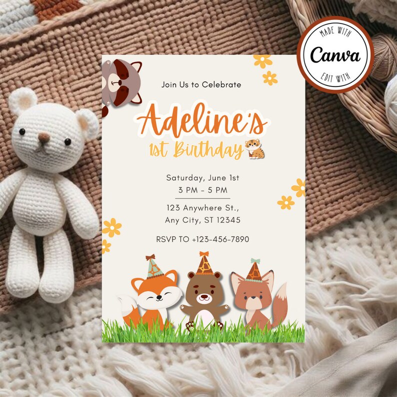 Woodland Animals Birthday Invitation | Editable Canva Template (digital ...