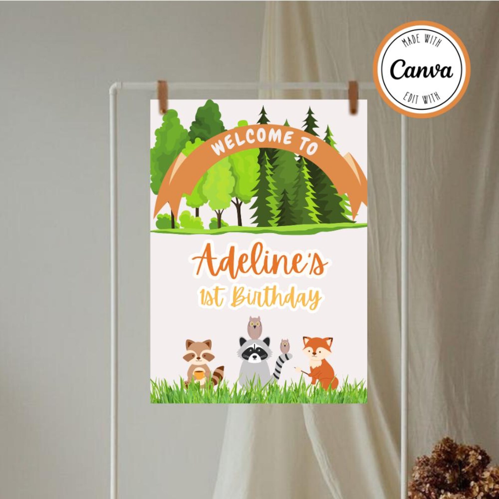 Woodland Animals Birthday Welcome Sign Template (canva, Instant Digital ...