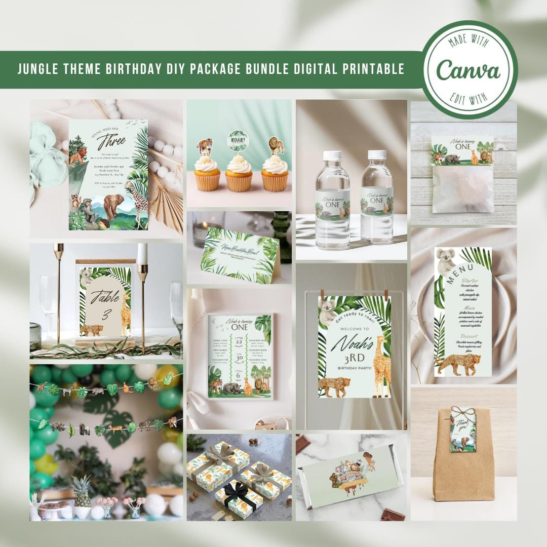 Jungle Theme Birthday Party Bundle: Canva Template (digital Printable ...