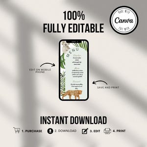 Jungle Theme Editable Menu Card, Editable Jungle Birthday Menu Card ...