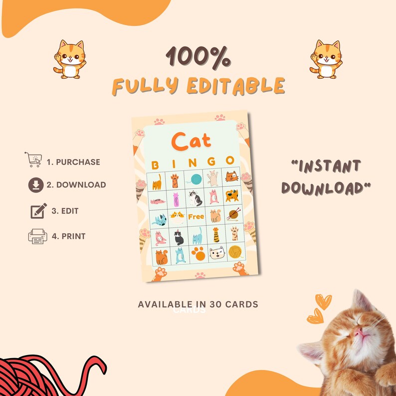 Cute Cat Bingo Game Fun Animal Bingo Card Set for Kids and Cat Lovers ...