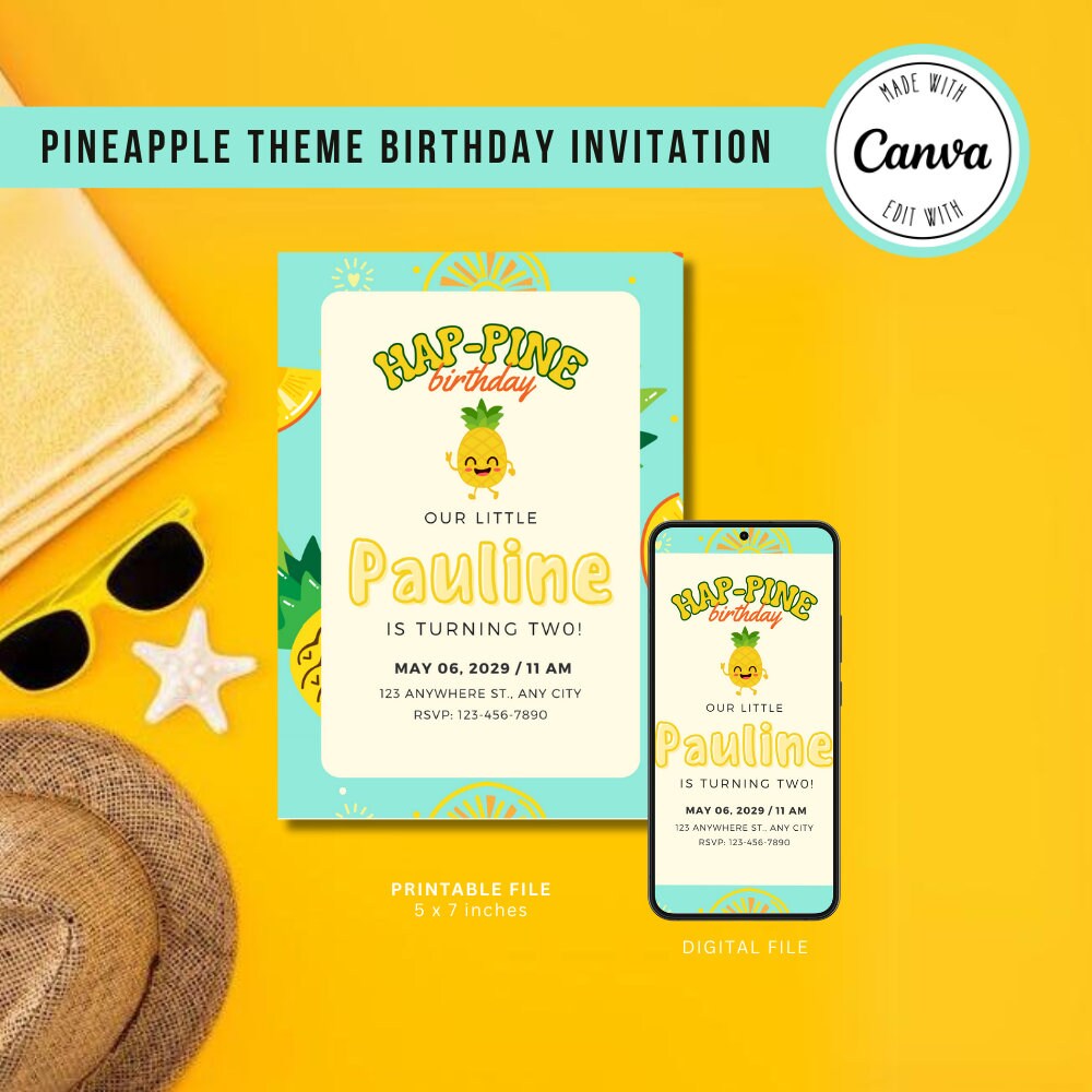 Pineapple Birthday Invitation | Editable Canva Template (digital ...