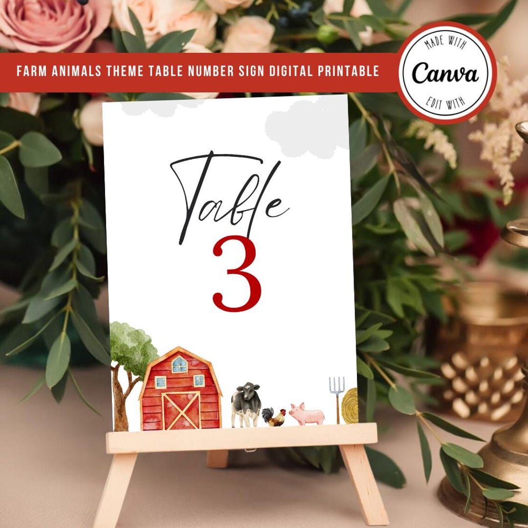 Farm Animals Table Number Sign: Birthday Party Decor (canva Editable ...