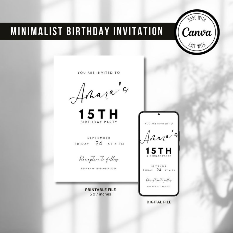 Minimalist 15th Birthday Invitation | Editable Canva Template (digital ...