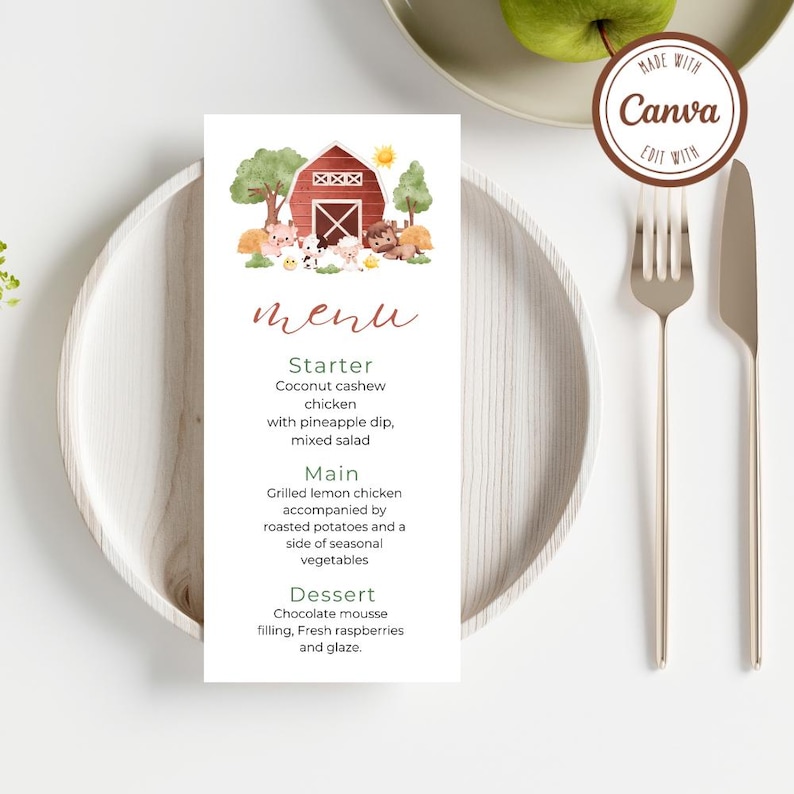 Farm Animal Theme Editable Menu Card, Editable Farm Menu Card, Digital ...