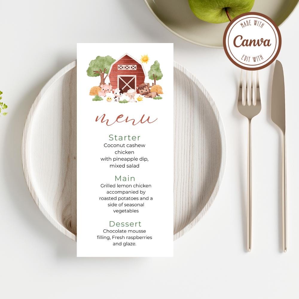 Farm Animal Theme Editable Menu Card, Editable Farm Menu Card, Digital ...
