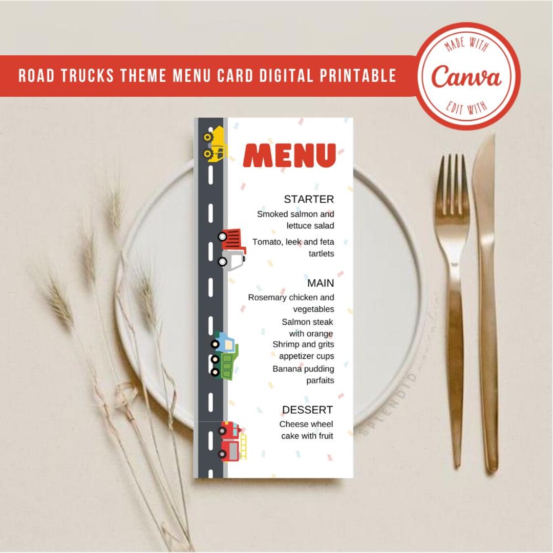 Road Trucks Birthday Menu Card: Editable Traffic Theme (digital ...