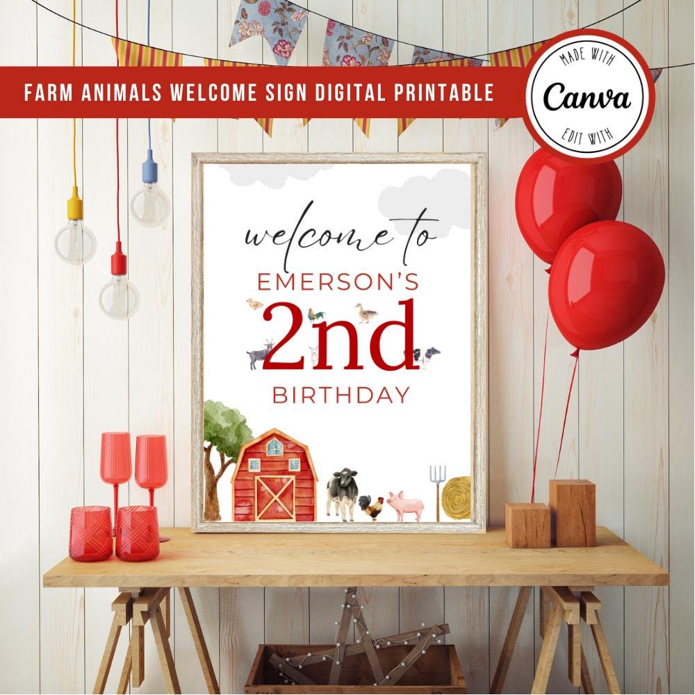 Farm Animals Birthday Welcome Sign | Editable Template (digital ...