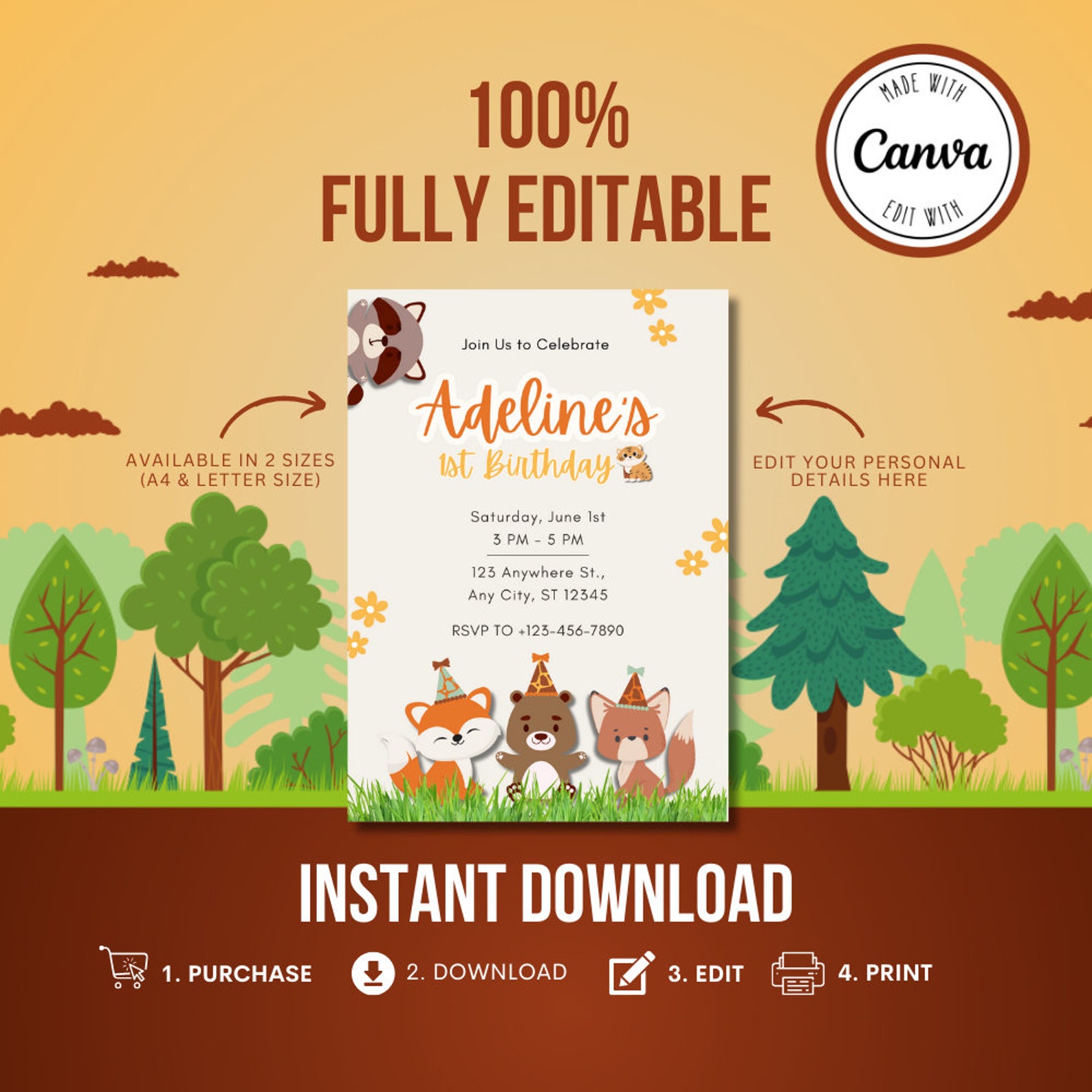 Woodland Animal Theme Invitation Editable Printable | Digital Prints ...