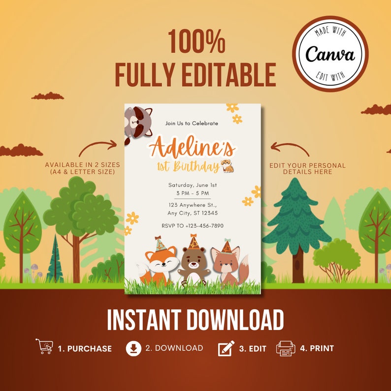 Woodland Animal Theme Invitation Editable Printable | Digital Prints ...
