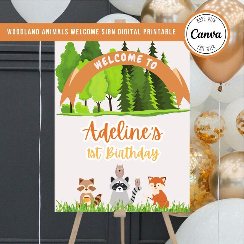 Woodland Animals Birthday Welcome Sign Template (canva, Instant Digital ...