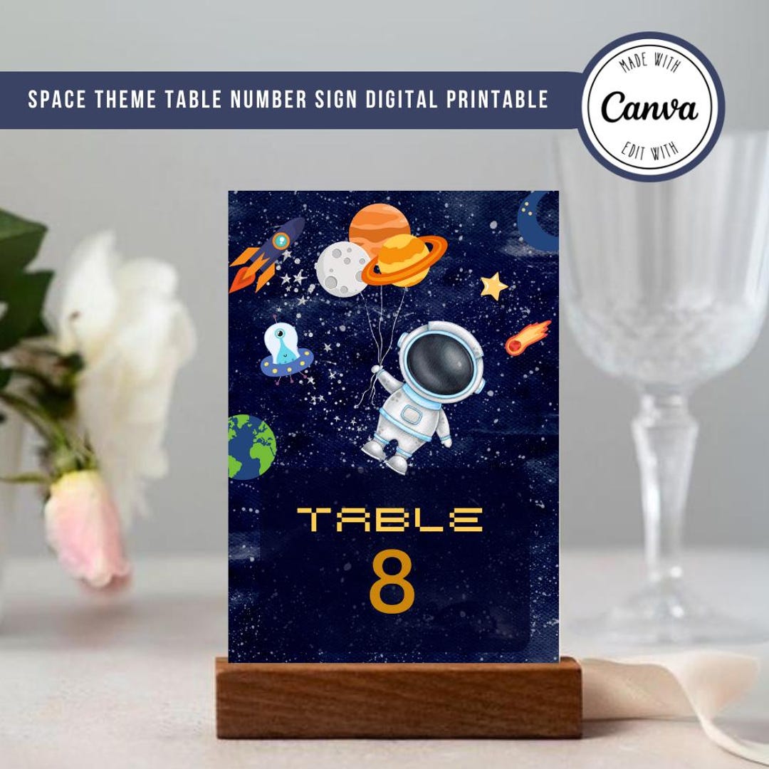 Space Theme Editable Table Number Sign, Modern Birthday Table Card ...