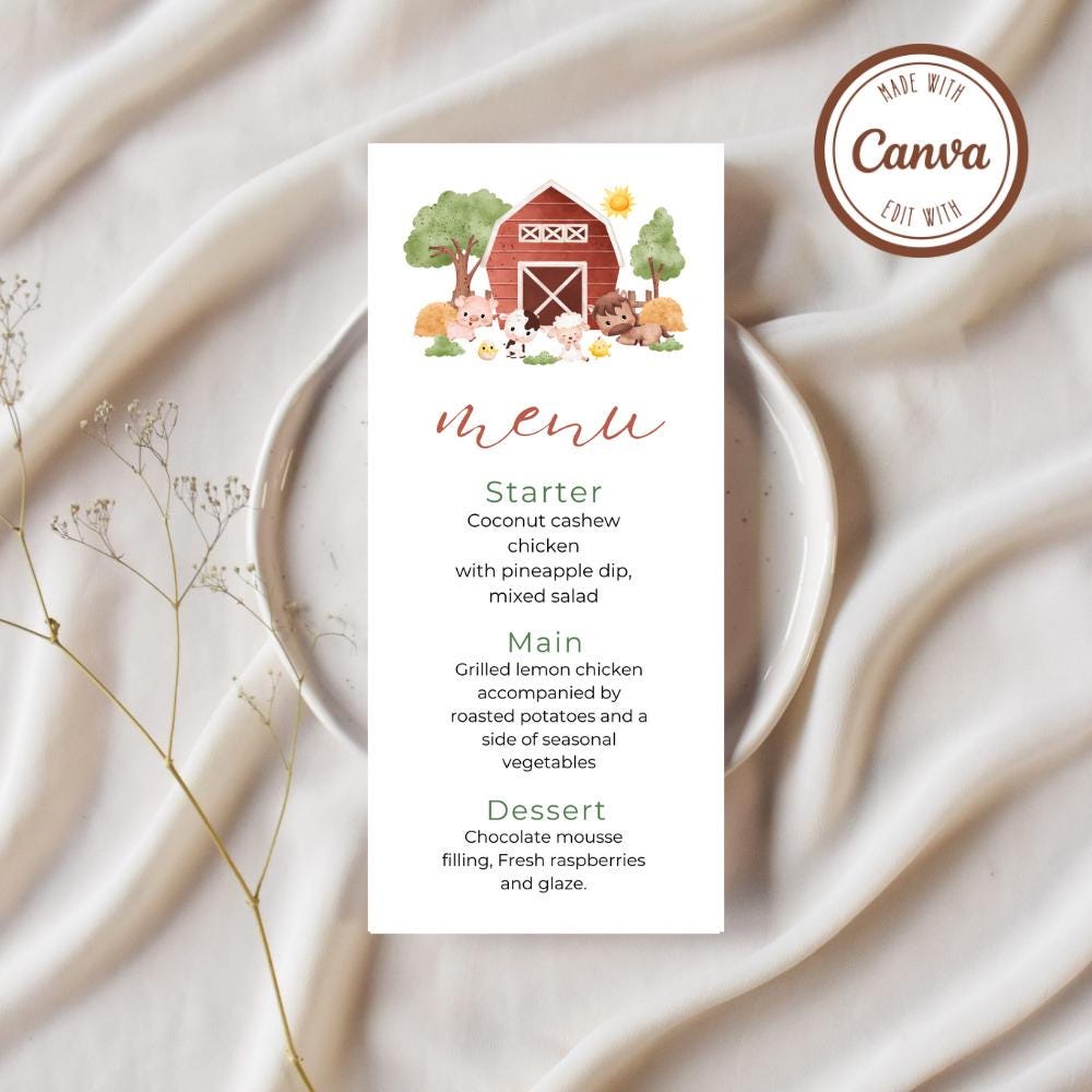 Farm Animal Theme Editable Menu Card, Editable Farm Menu Card, Digital ...