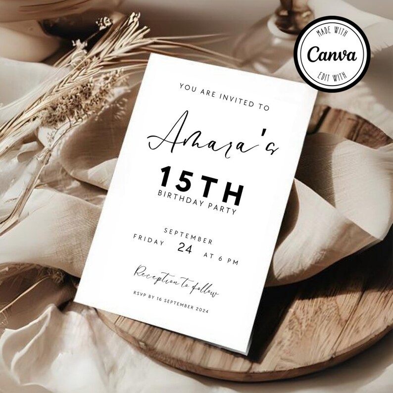 Minimalist 15th Birthday Invitation Editable Printable | Digital Print ...