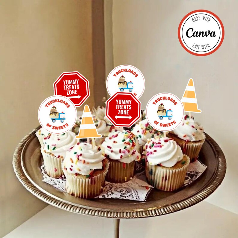 Road Trucks Cupcake Topper: Birthday Party Printable (canva Editable ...