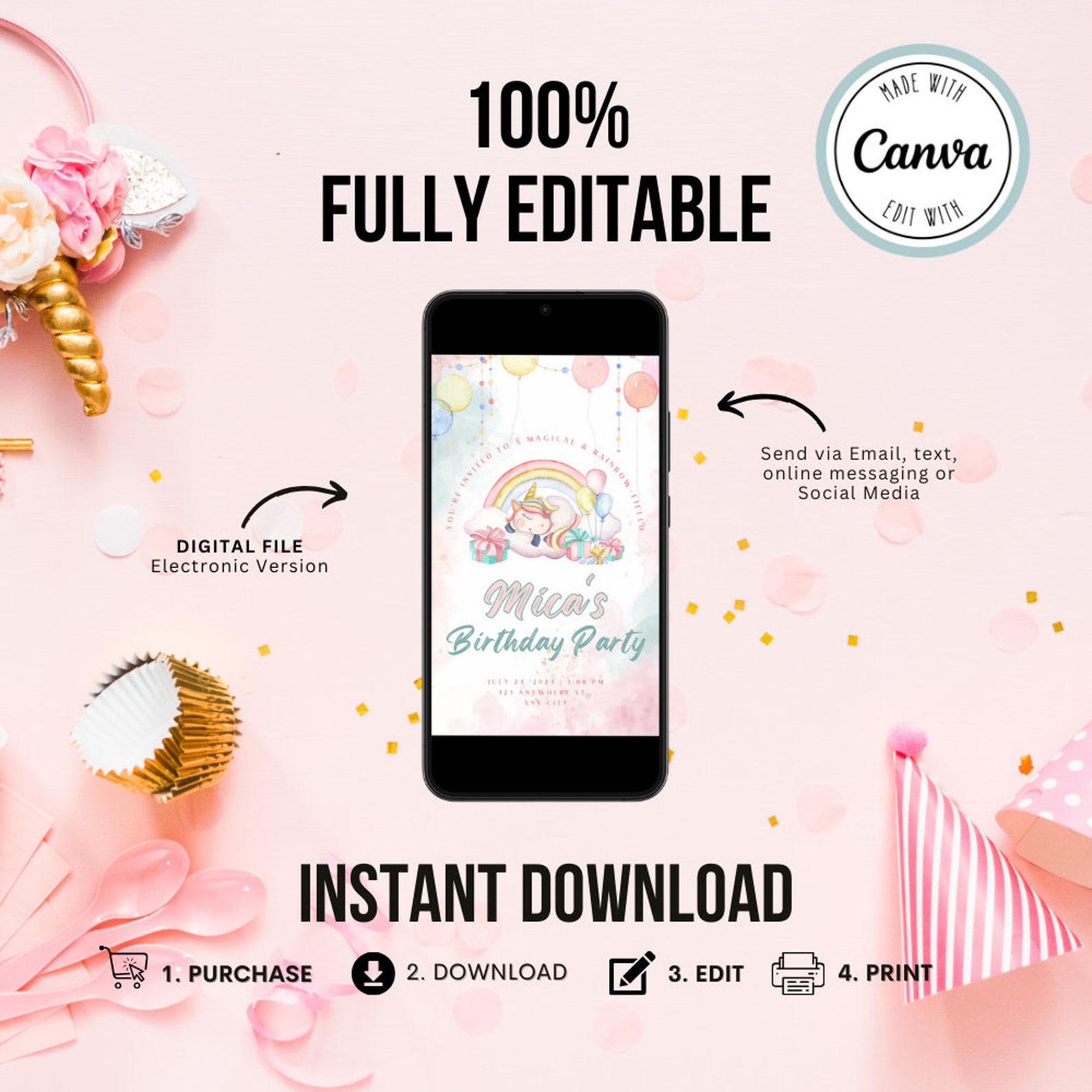Unicorn Birthday Invitation | Editable Canva Template (digital Prints ...