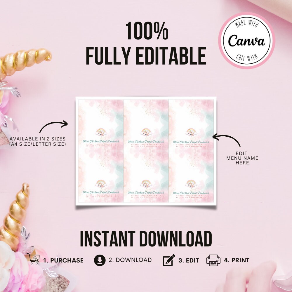 Unicorn Theme Food Label Card Digital Printable | Buffet Card Template ...
