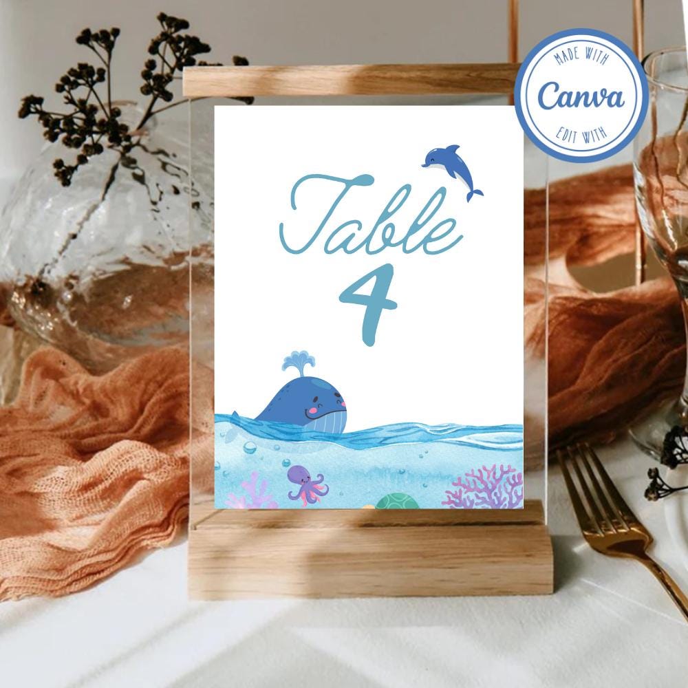 Sea Theme Editable Table Number Sign, Modern Birthday Table Card ...
