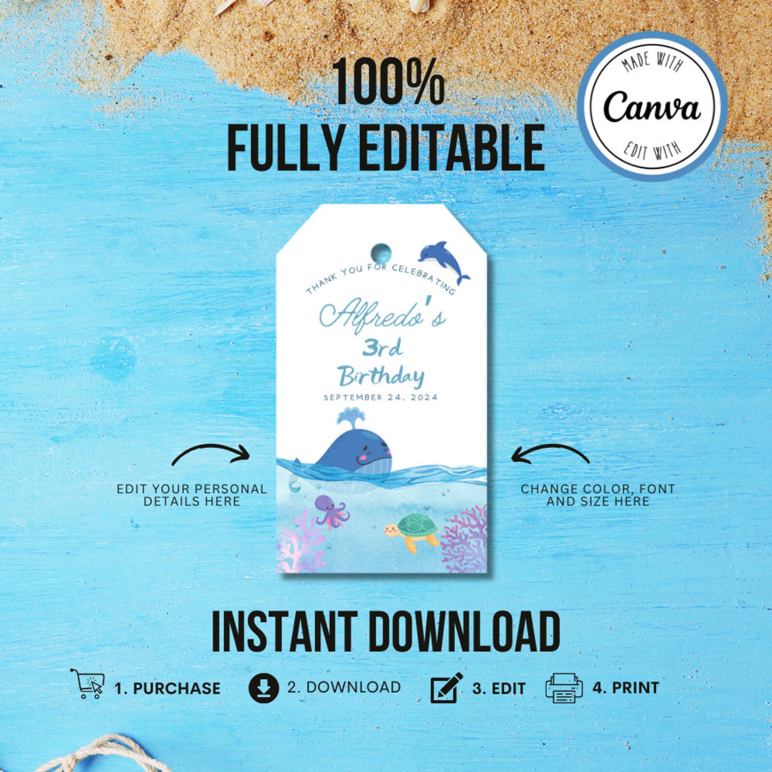 Sea Theme Favor Tags: Editable Ocean Thank You (digital Download) - Etsy