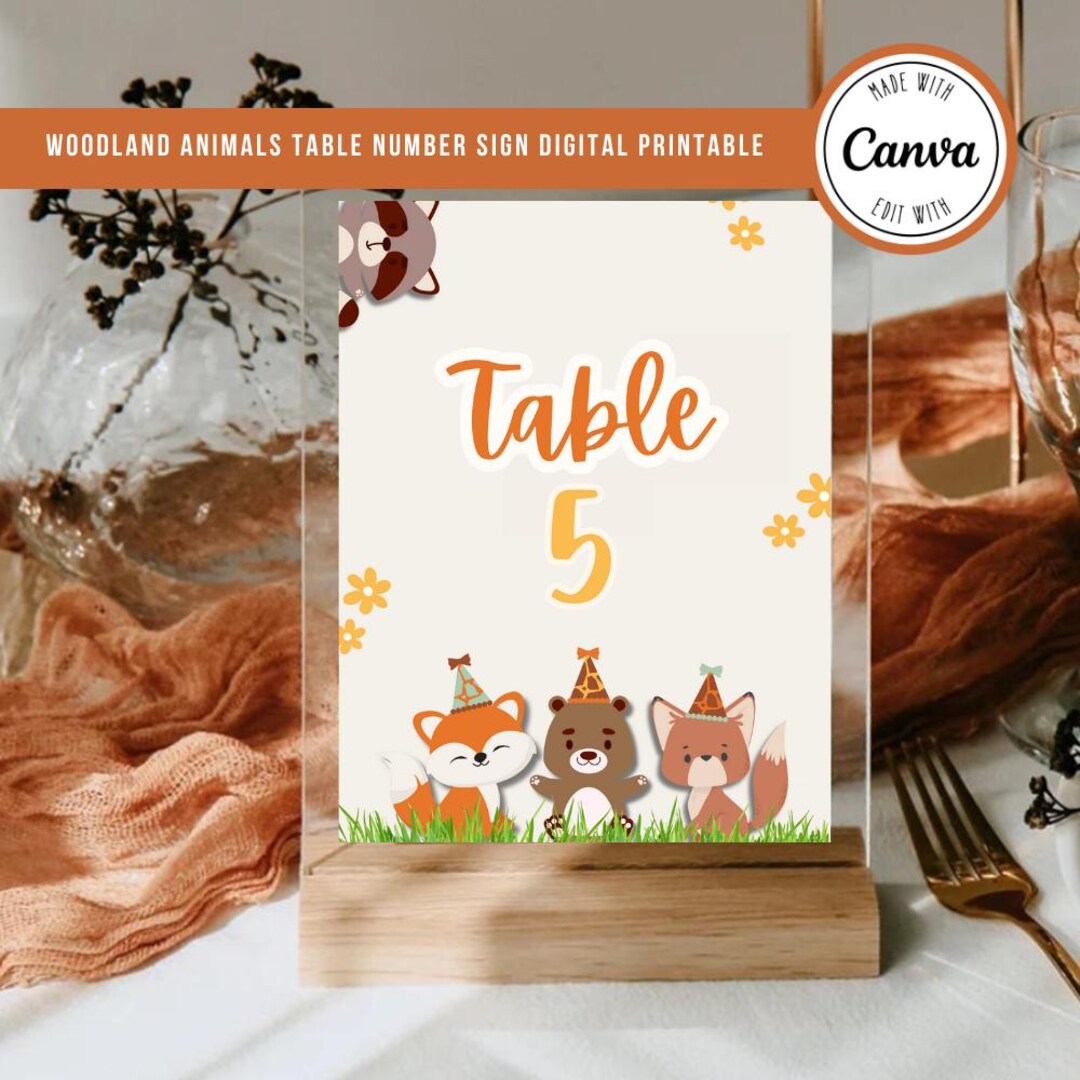 Woodland Animals Editable Table Number Sign, Modern Birthday Table Card ...