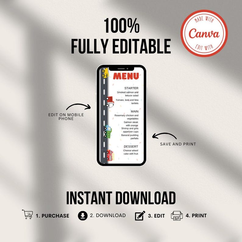 Road Trucks Birthday Menu Card: Editable Traffic Theme (digital ...