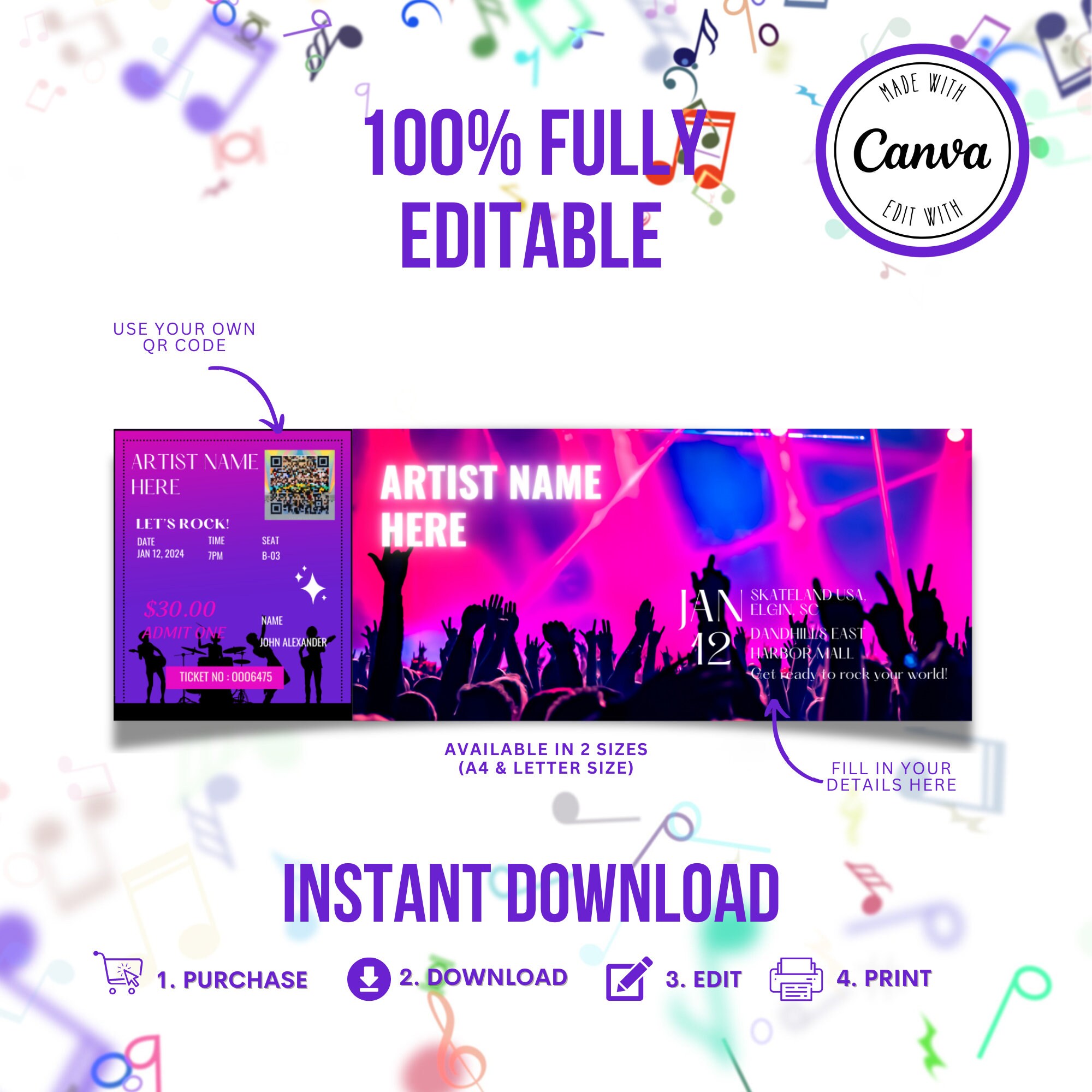 Editable Concert Ticket | Canva Template Printable | Instant Concert ...