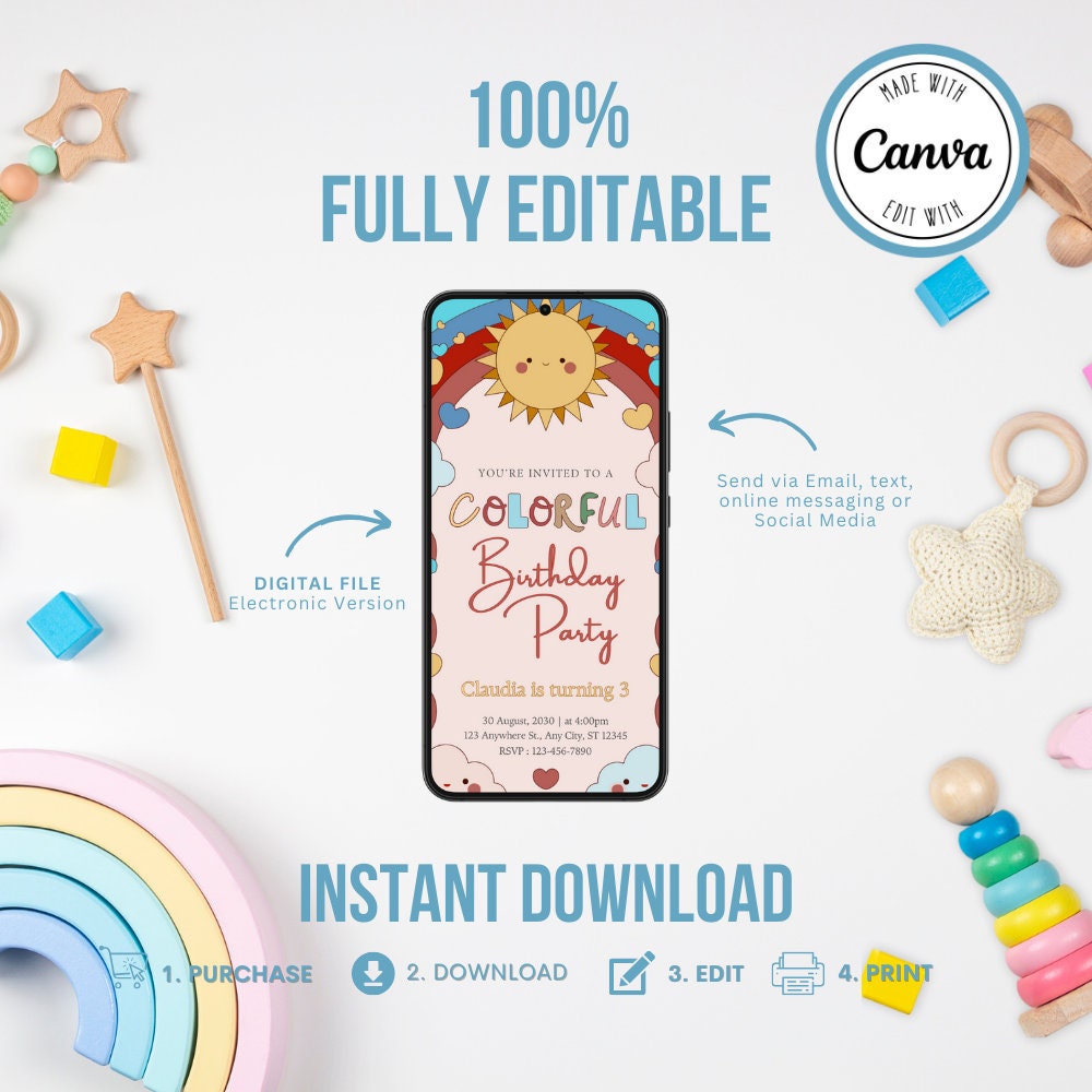 Colorful Theme Birthday Invitation Editable Printable Digital Print ...