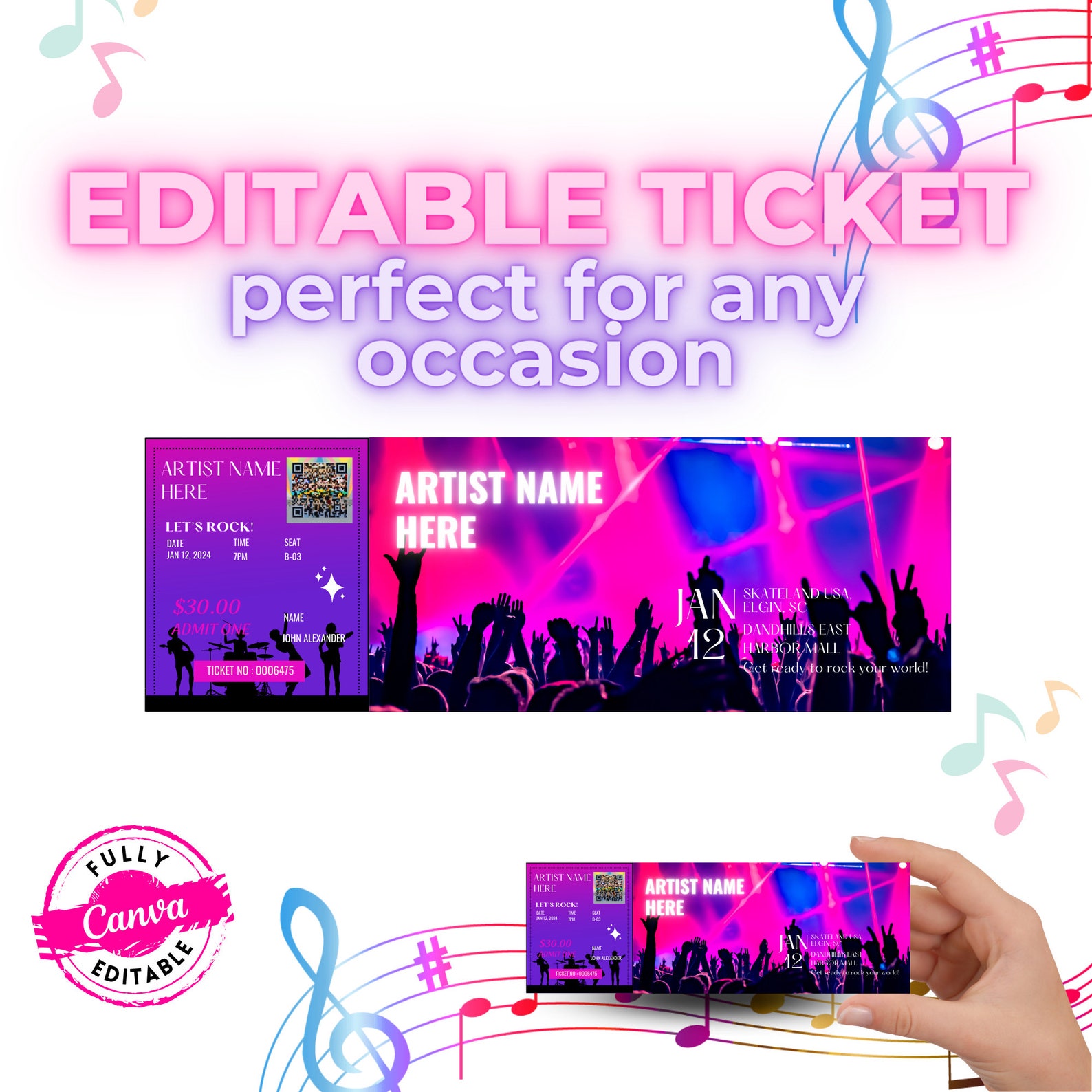 Editable Concert Ticket | Canva Template Printable | Instant Concert ...