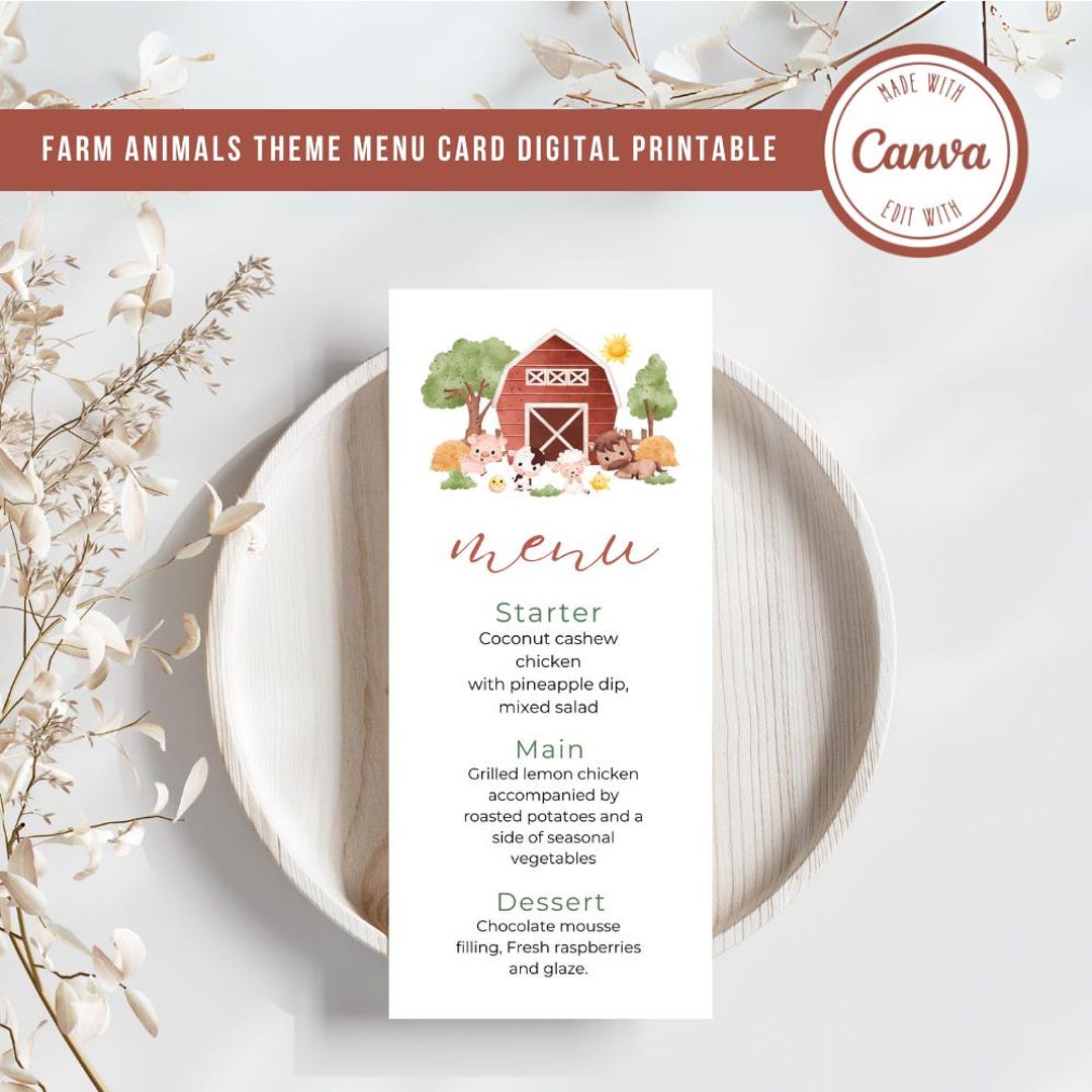 Farm Animal Theme Editable Menu Card, Editable Farm Menu Card, Digital ...