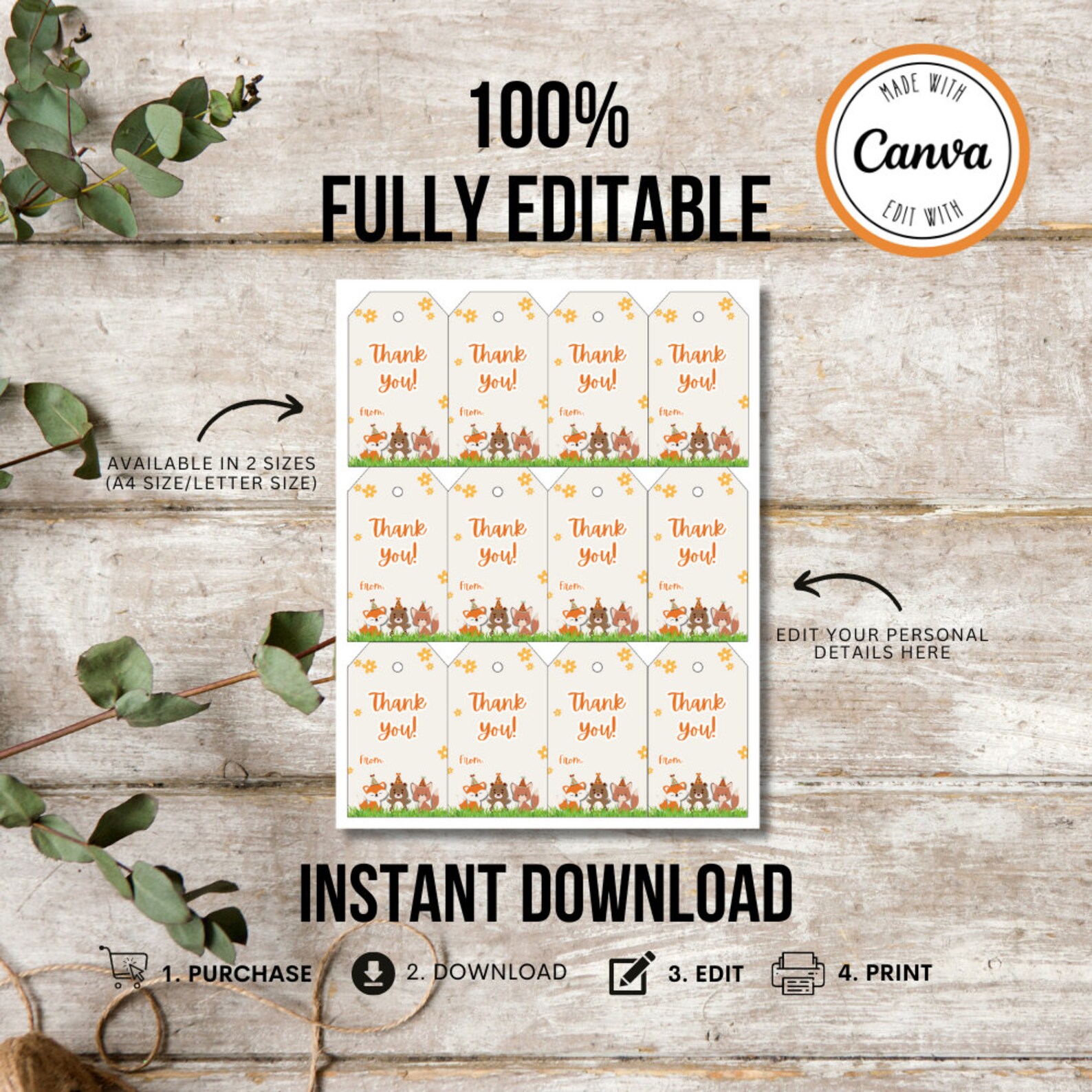 Woodland Animals Thank You Tags | Favor Tags Editable Printable ...