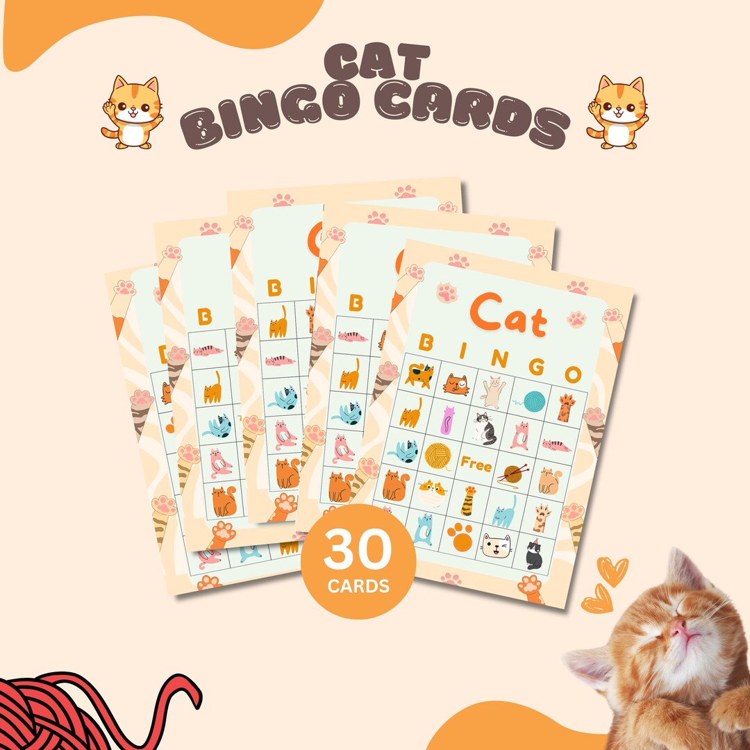 Cute Cat Bingo Game Fun Animal Bingo Card Set for Kids and Cat Lovers ...