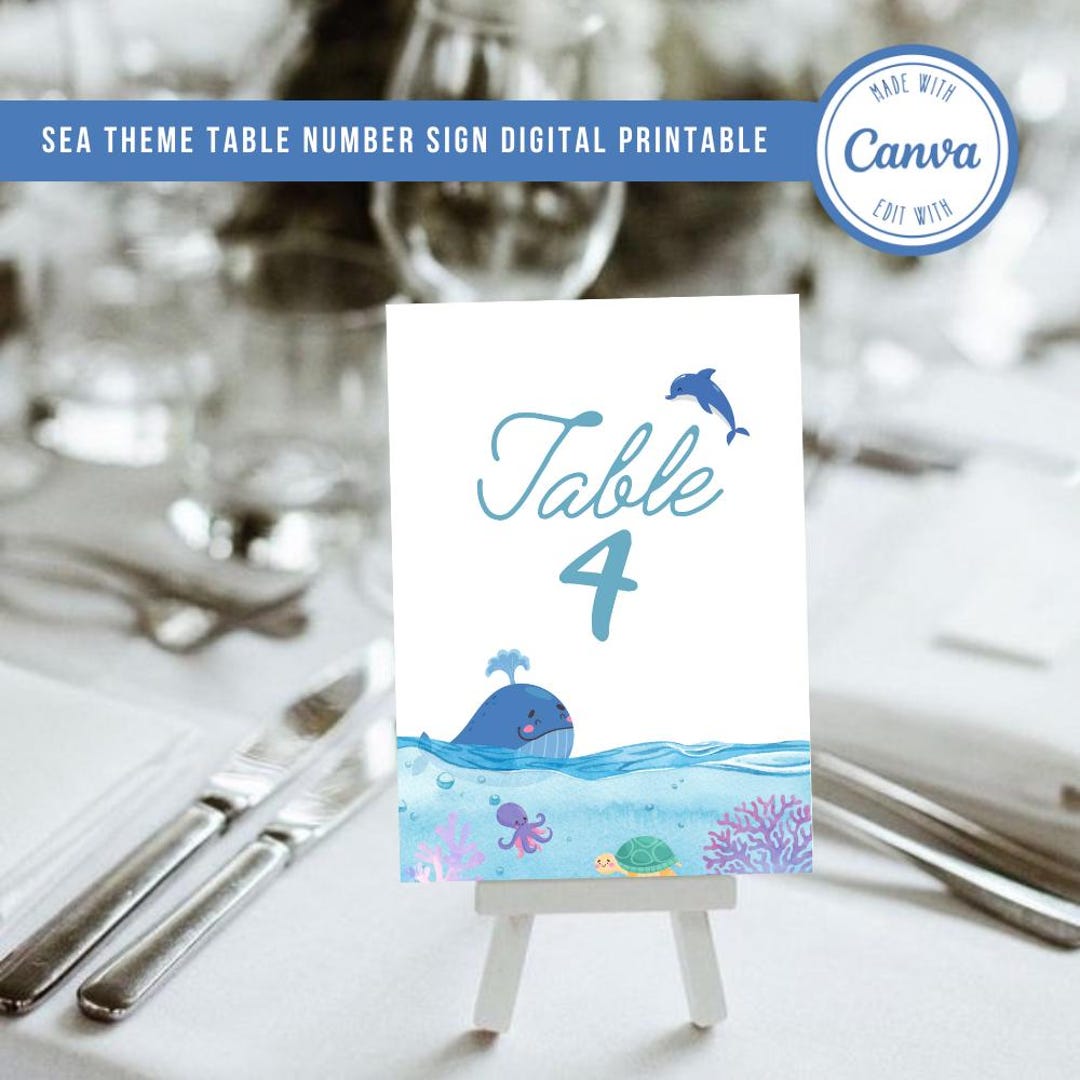 Sea Theme Editable Table Number Sign, Modern Birthday Table Card ...