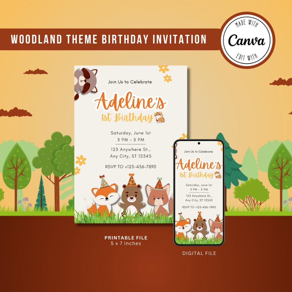 Woodland Animals Birthday Invitation | Editable Canva Template (digital ...