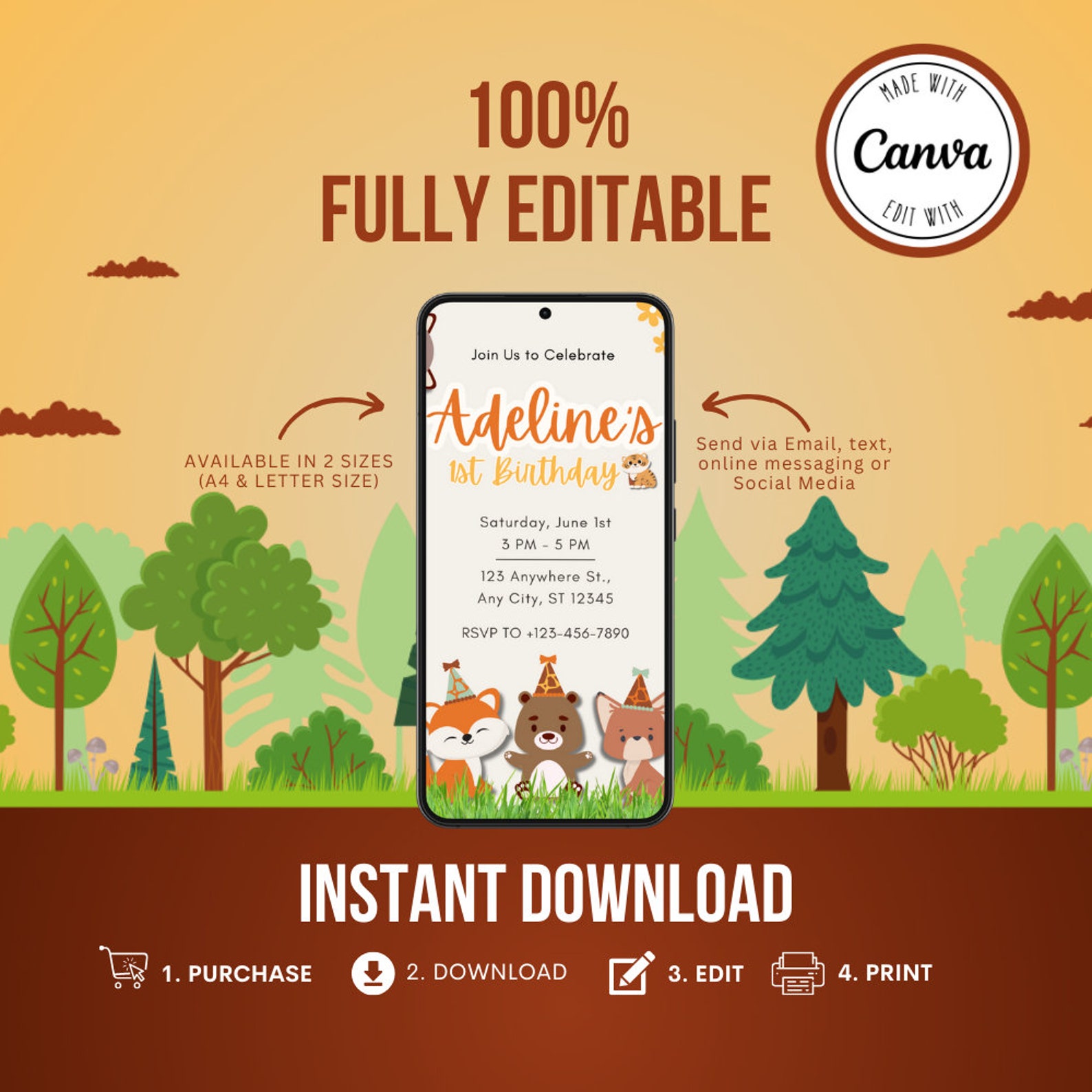 Woodland Animals Birthday Invitation | Editable Canva Template (digital ...