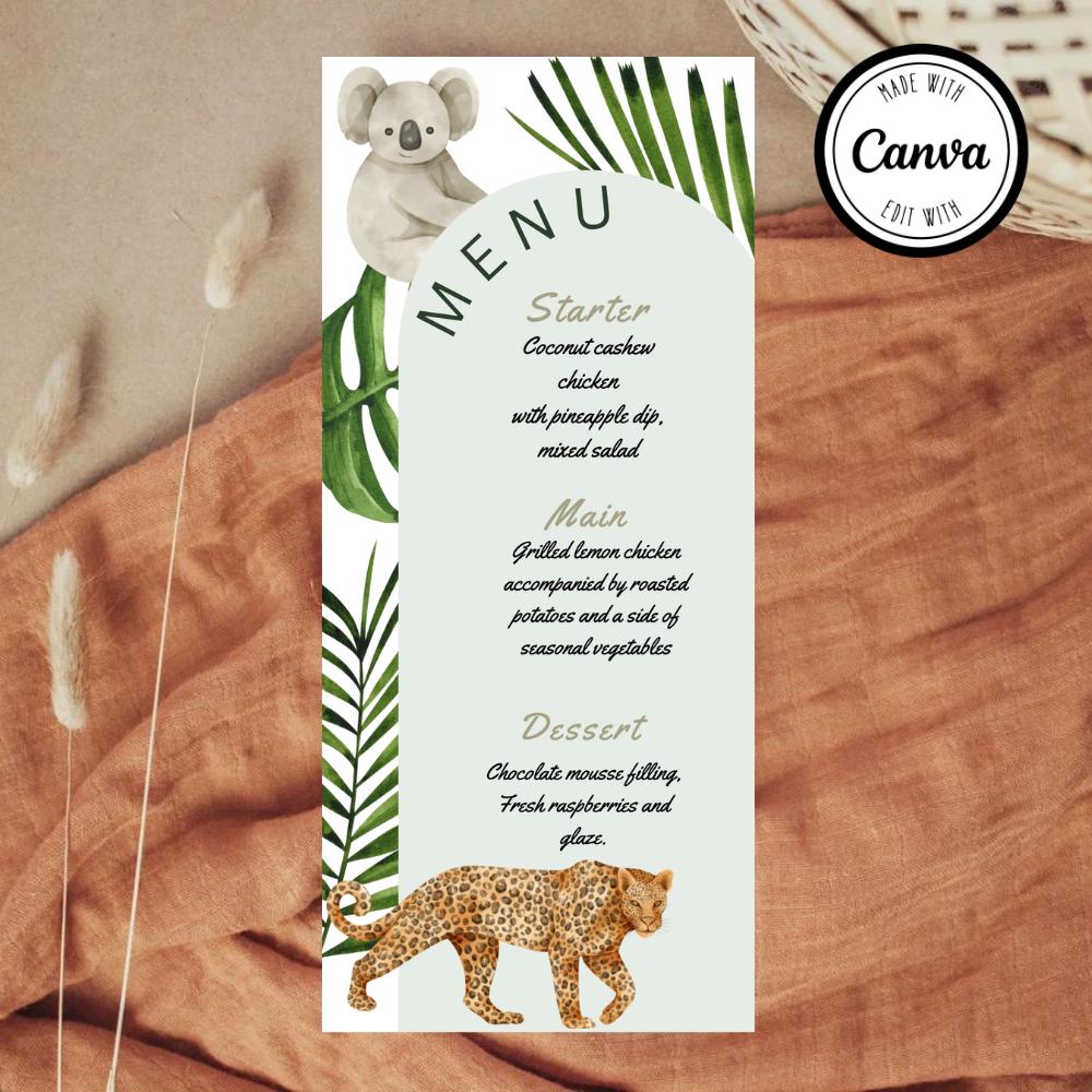 Jungle Theme Editable Menu Card, Editable Jungle Birthday Menu Card ...