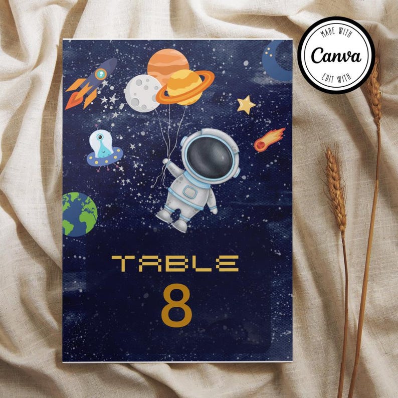 Space Theme Editable Table Number Sign, Modern Birthday Table Card ...