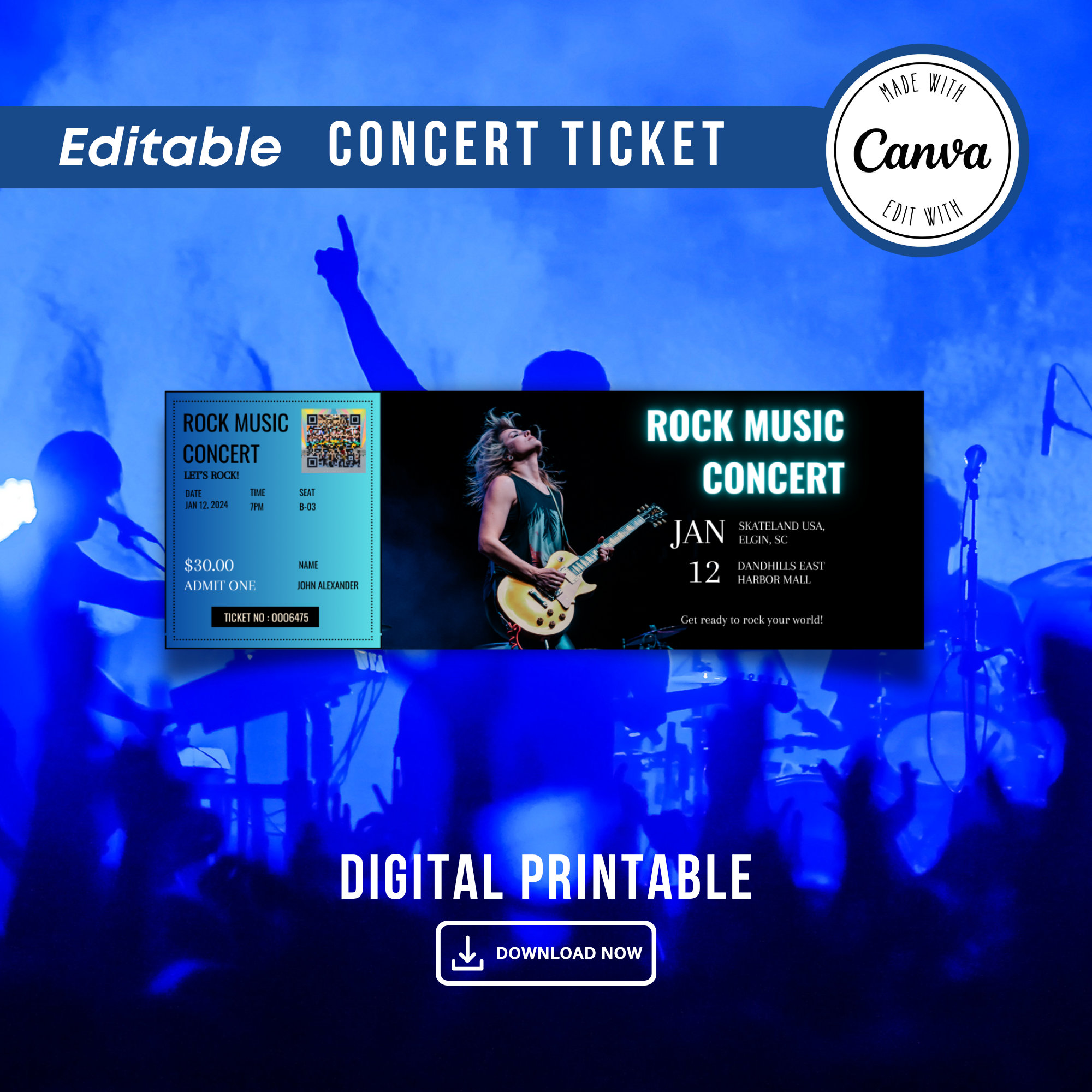 Editable Rock Concert Ticket | Instant Download With Editable Text ...