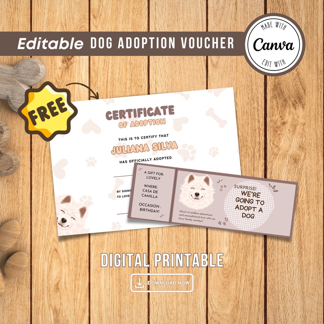 Editable Pet Adoption Voucher W/ Free Adoption Certificate | Pet ...
