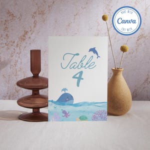 Sea Theme Editable Table Number Sign, Modern Birthday Table Card ...