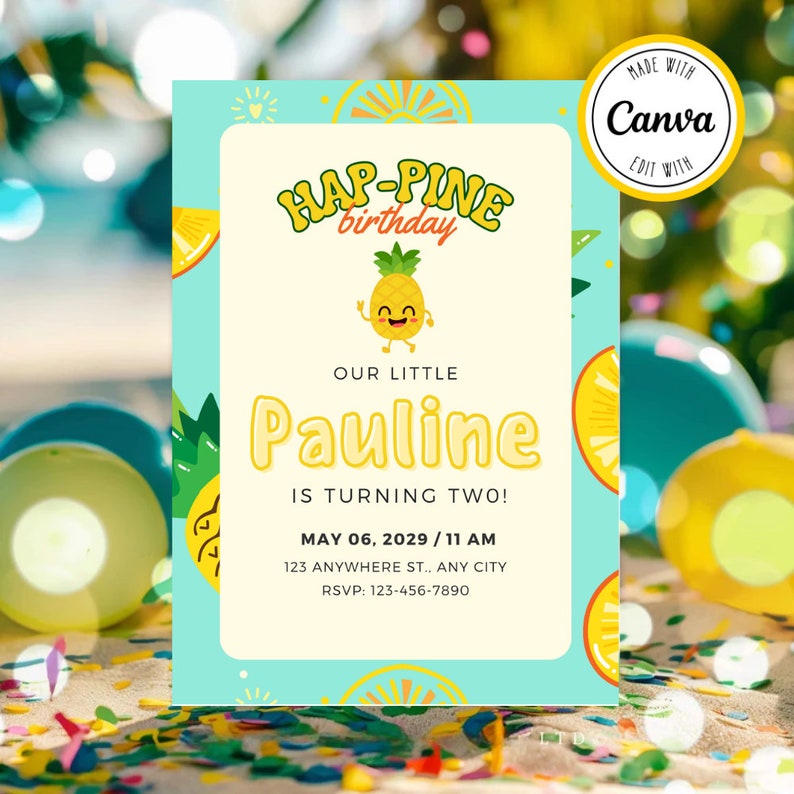 Pineapple Birthday Invitation | Editable Canva Template (digital ...