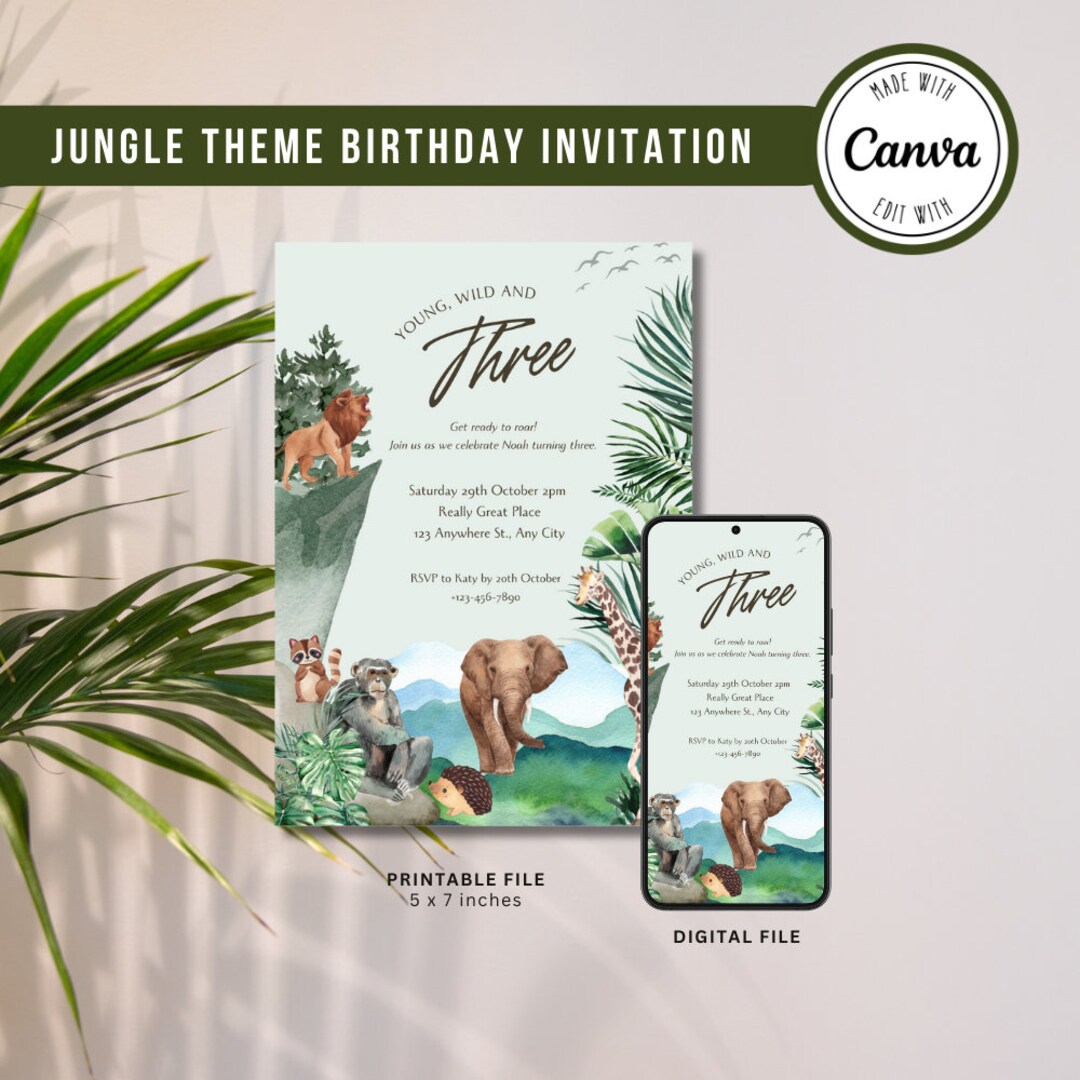 Jungle Theme Birthday Invitation Editable Printable | Digital Printable ...