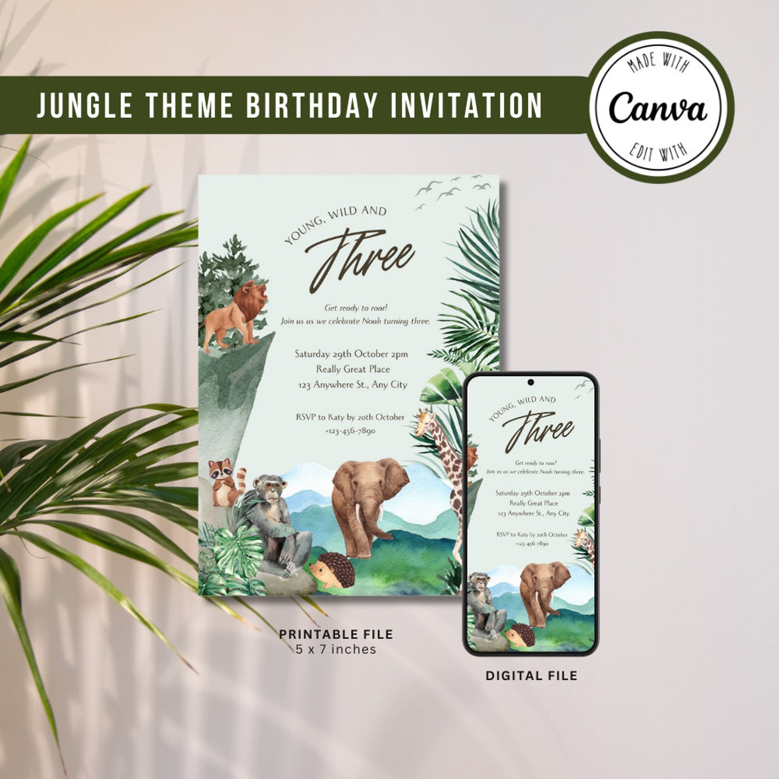 Jungle Animals Birthday Invitation | Editable, Printable (digital ...
