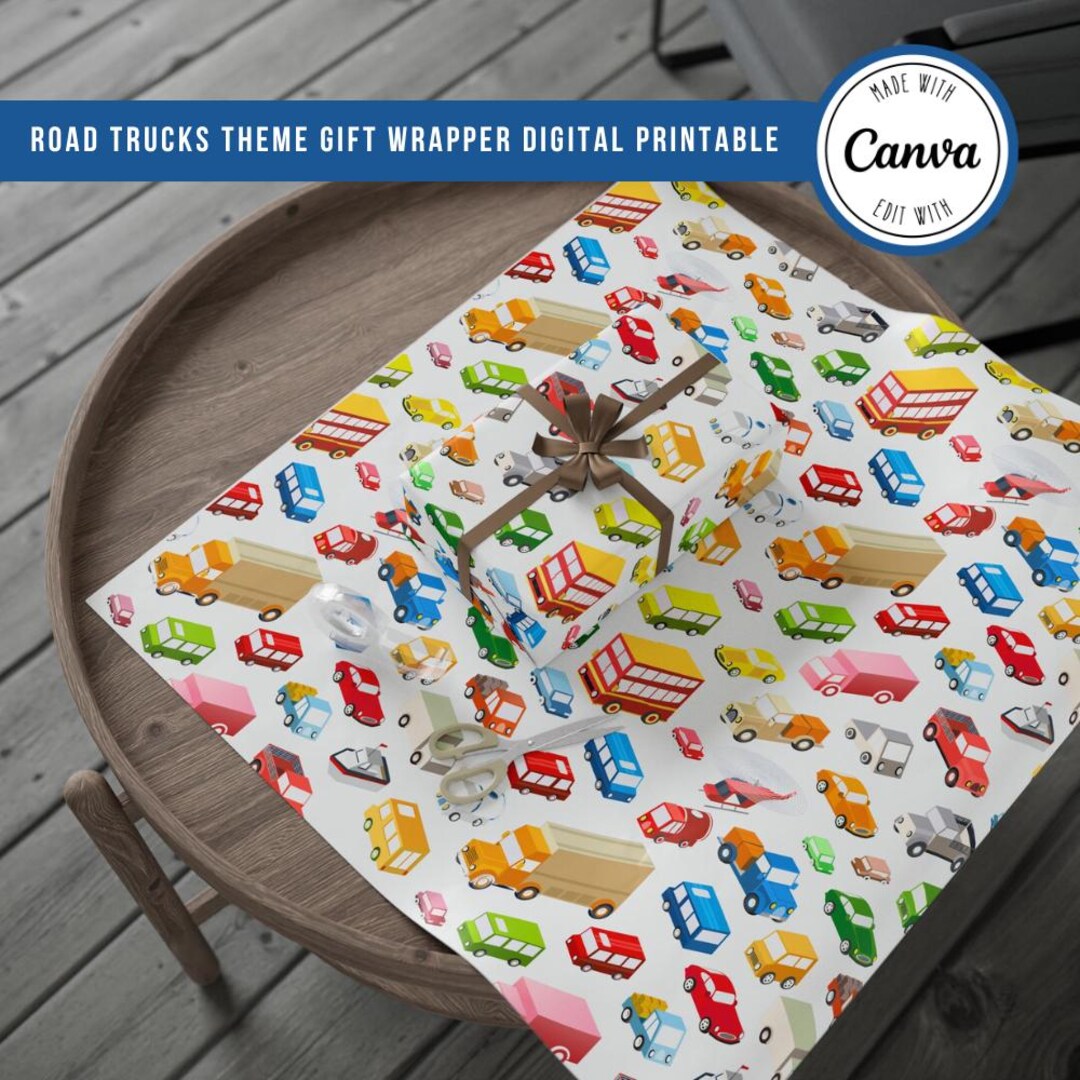 Road Trucks Gift Wrapper: Birthday Party Paper (canva Editable, Instant ...