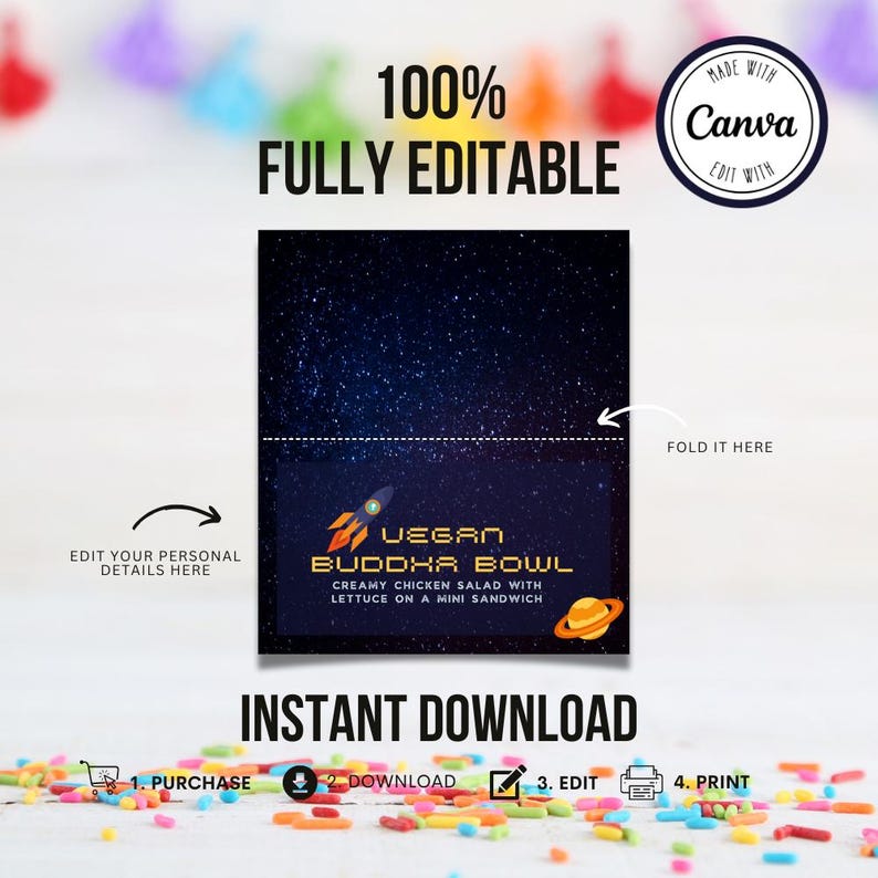 Space Theme Food Label Card Digital Printable | Buffet Card Template ...