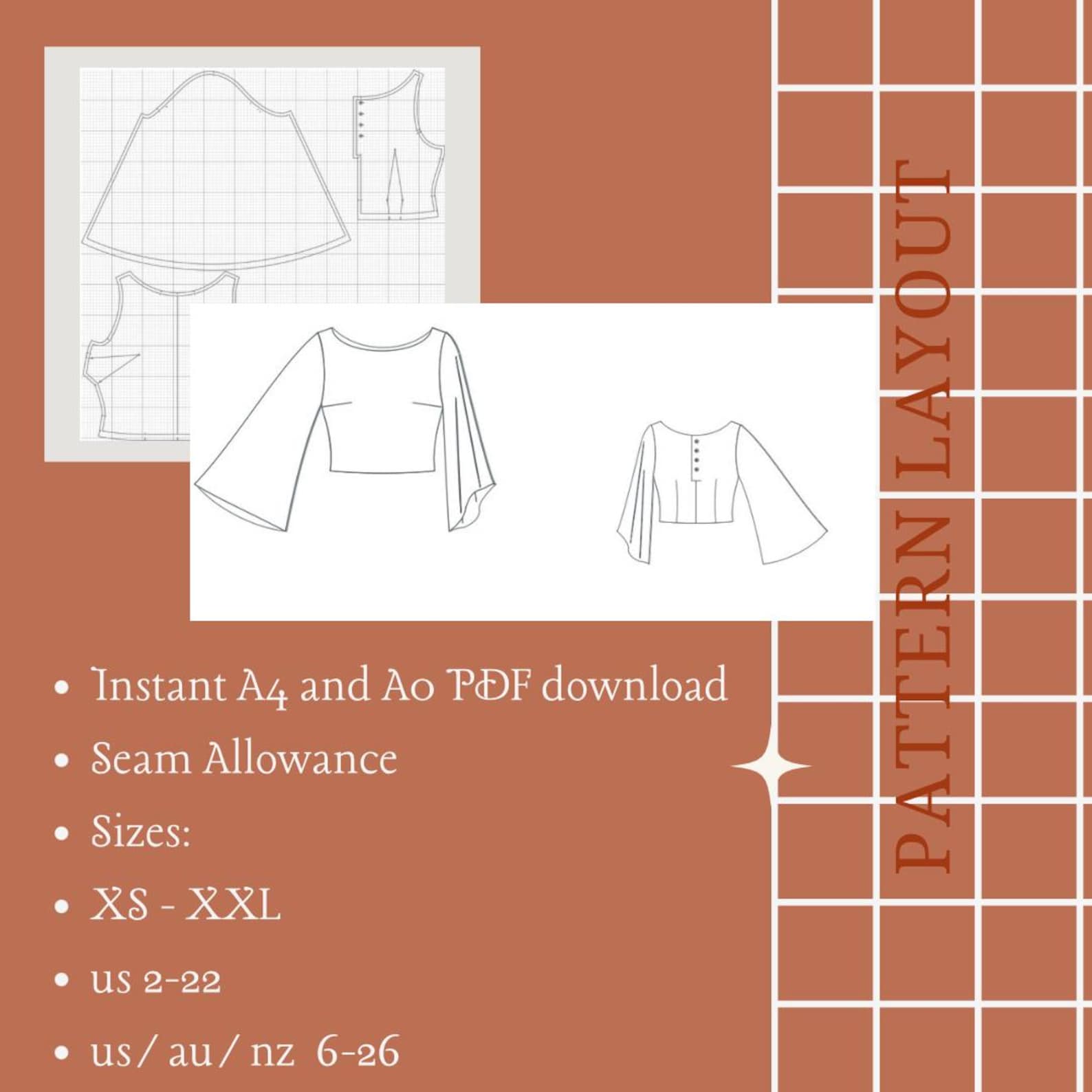Bell Sleeve Blouse Sewing Pattern – Boat Neck, Fitted Bodice (PDF ...