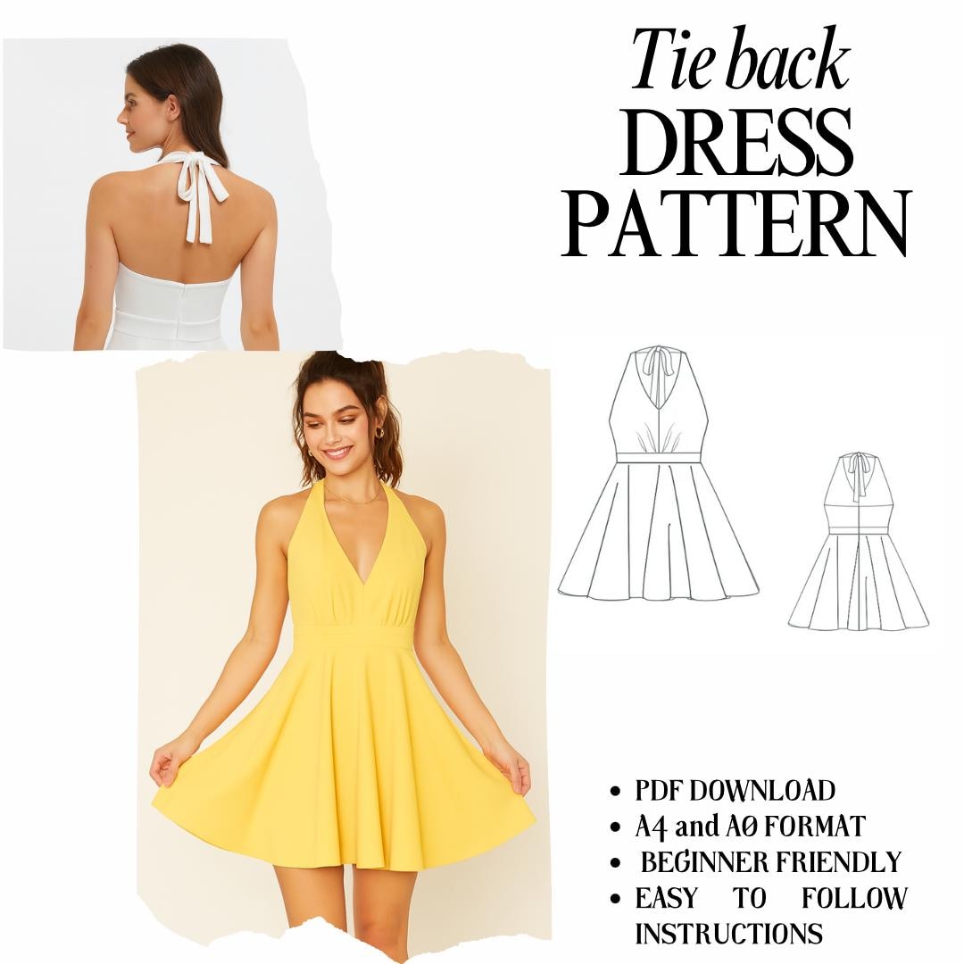 Knit Halter Dress Sewing Pattern – Tiered Skirt, Open Back (PDF Pattern ...
