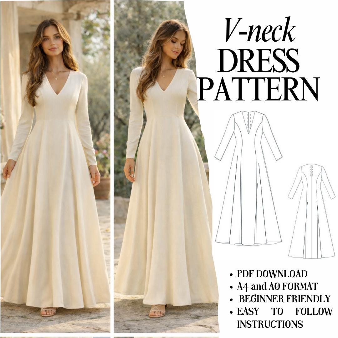 Elegant Long-sleeve V-neck Formal Dress PDF Sewing Pattern - Etsy